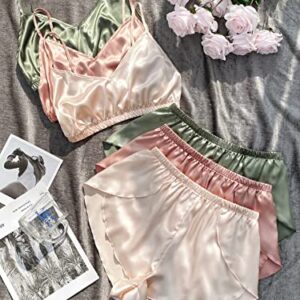 Verdusa Women's 6 Piece Satin Pajama Set Sleepwear Crop Cami Top & Shorts Loungwear Green Pink Beige M