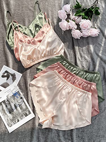 Verdusa Women's 6 Piece Satin Pajama Set Sleepwear Crop Cami Top & Shorts Loungwear Green Pink Beige M