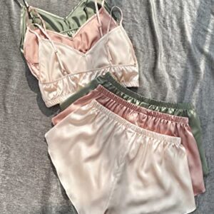 Verdusa Women's 6 Piece Satin Pajama Set Sleepwear Crop Cami Top & Shorts Loungwear Green Pink Beige M