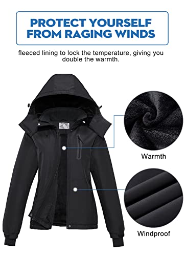 CAMEL CROWN Women's Ski Jacket Waterproof Warm Winter Snow Coat Hooded Mountain Outdoor Windbreaker Windproof Jacket Black M