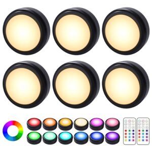 cadrim puck lights, 6 pack 13 colors changeable led puck lightings battery powered dimmable under cabinet lights, battery powered under counter lights with 2 wireless remote controls, black