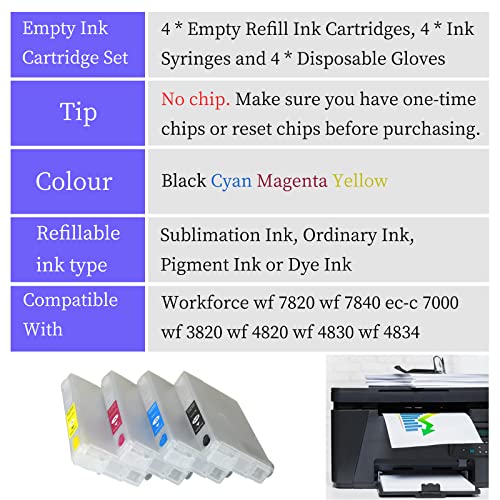 812 812XL T812XL Refillable Ink Cartridges No Chip 802 802XL T802 Replacement Sublimation Ink Cartridges Without Chip & Ink for WF-7820 WF-7830 WF-7840 WF-7310 WF-7835 WF-7845 EC-C7000 Printers