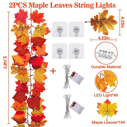 2 Pack Fall Decor for Home Thanksgiving Decorations Lighted Fall Garland Maple Leaves Total 11.8FT 40 LED Battery Operated Indoor Outdoor String Lights Garland Autumn Harvest Party Halloween Décor