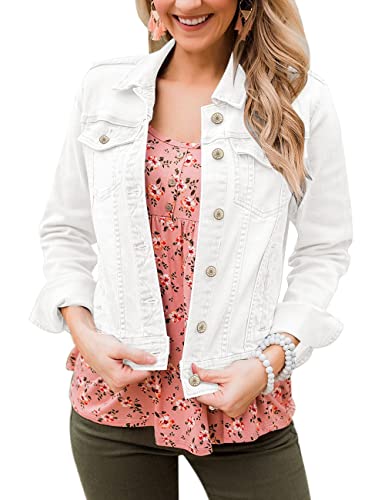 Vetinee Women's White Jean Jacket Women Basic Stretch Fitted Casual Button Down Truker Denim Jacket Long Sleeve Pockets Jean Coat Large Size 12 Size 14