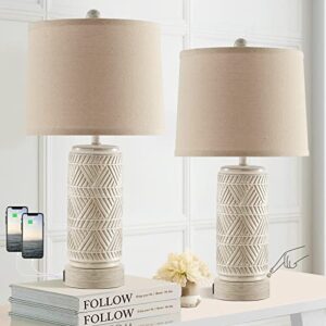 roriano set of 2 rustic touch ceramic table lamps for living room, 3 way dimmable with dual usb ports bedroom nightstand lamp, linen fabric shade bedside accent desk lamps, led bulb included