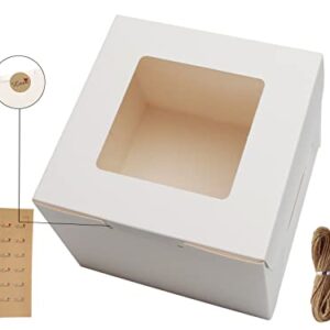 PQZKLDP 12Packs 6x6x5 Inches White Cake Boxes with Window, Gift Packing, Bakery Boxes, Dessert, Pastry, Cupcake, Pie Cookies, With Stickers,66 FT Twine (6 * 6 * 5 Inch, White)