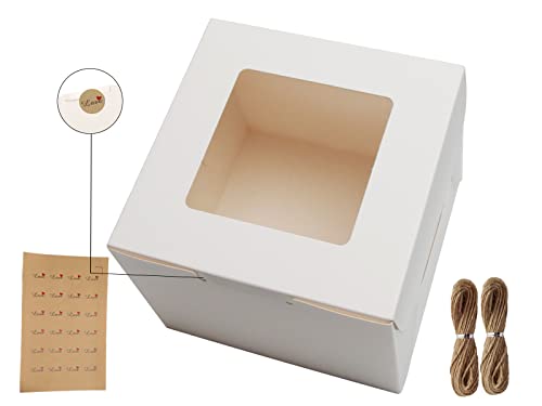 PQZKLDP 12Packs 6x6x5 Inches White Cake Boxes with Window, Gift Packing, Bakery Boxes, Dessert, Pastry, Cupcake, Pie Cookies, With Stickers,66 FT Twine (6 * 6 * 5 Inch, White)