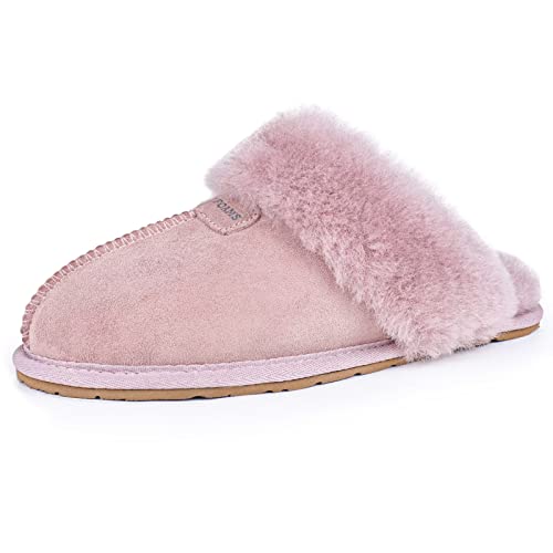 FUZZYFOAMS Women's Australia Sheepskin Slippers with Memory Foam Insole | Fluffy Shearling Winter Warm Indoor Outdoor Home Shoes Scuff Slippers for Women U822BDMT909.MK-Pink-38