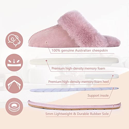 FUZZYFOAMS Women's Australia Sheepskin Slippers with Memory Foam Insole | Fluffy Shearling Winter Warm Indoor Outdoor Home Shoes Scuff Slippers for Women U822BDMT909.MK-Pink-38