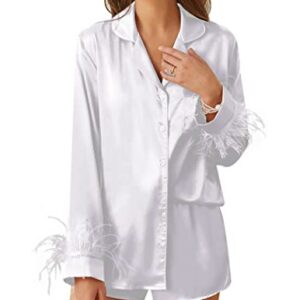 Ekouaer Women's Satin Pajama Silk Pj Sets Feather Trim Comfy Satin Sleepwear Long Sleeve Pjs Wedding Bride White L