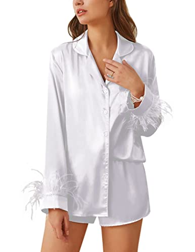 Ekouaer Women's Satin Pajama Silk Pj Sets Feather Trim Comfy Satin Sleepwear Long Sleeve Pjs Wedding Bride White L