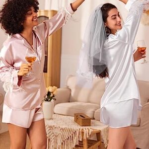 Ekouaer Women's Satin Pajama Silk Pj Sets Feather Trim Comfy Satin Sleepwear Long Sleeve Pjs Wedding Bride White L