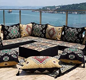 4" Thick L Shaped Floor Couch, Arabic Sofa Seating, Floor Pillow, Sectional Sofa Set, Patio Furniture, Arabic Majlis (L Sofa Full Set, 4'' Thickness (10 cm))