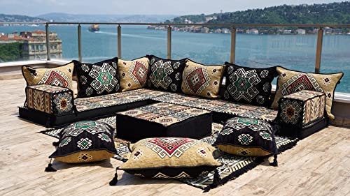 4" Thick L Shaped Floor Couch, Arabic Sofa Seating, Floor Pillow, Sectional Sofa Set, Patio Furniture, Arabic Majlis (L Sofa Full Set, 4'' Thickness (10 cm))