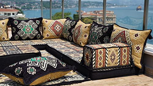 4" Thick L Shaped Floor Couch, Arabic Sofa Seating, Floor Pillow, Sectional Sofa Set, Patio Furniture, Arabic Majlis (L Sofa Full Set, 4'' Thickness (10 cm))