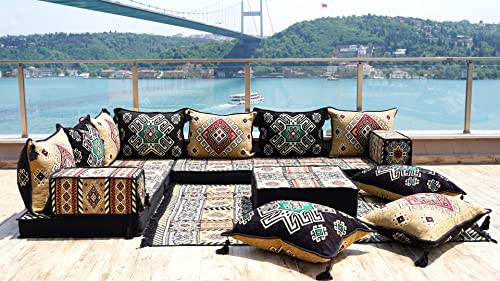 4" Thick L Shaped Floor Couch, Arabic Sofa Seating, Floor Pillow, Sectional Sofa Set, Patio Furniture, Arabic Majlis (L Sofa Full Set, 4'' Thickness (10 cm))