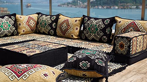 4" Thick L Shaped Floor Couch, Arabic Sofa Seating, Floor Pillow, Sectional Sofa Set, Patio Furniture, Arabic Majlis (L Sofa Full Set, 4'' Thickness (10 cm))