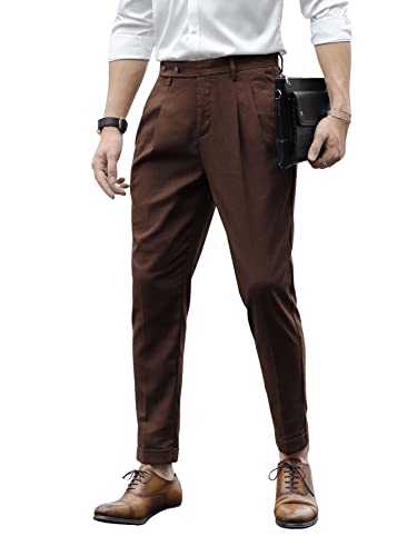 SweatyRocks Men's High Waist Fold Pleated Crop Suit Pants Work Office Business Long Trousers with Pockets Coffee Brown M