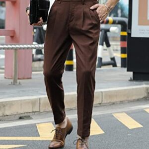 SweatyRocks Men's High Waist Fold Pleated Crop Suit Pants Work Office Business Long Trousers with Pockets Coffee Brown M