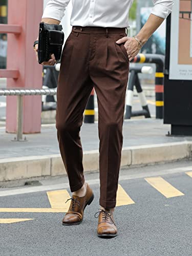 SweatyRocks Men's High Waist Fold Pleated Crop Suit Pants Work Office Business Long Trousers with Pockets Coffee Brown M