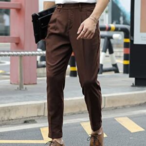 SweatyRocks Men's High Waist Fold Pleated Crop Suit Pants Work Office Business Long Trousers with Pockets Coffee Brown M