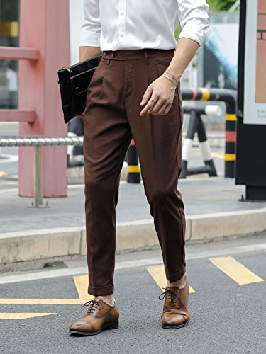 SweatyRocks Men's High Waist Fold Pleated Crop Suit Pants Work Office Business Long Trousers with Pockets Coffee Brown M