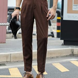 SweatyRocks Men's High Waist Fold Pleated Crop Suit Pants Work Office Business Long Trousers with Pockets Coffee Brown M