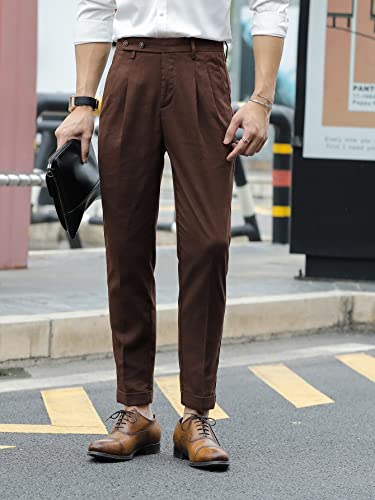 SweatyRocks Men's High Waist Fold Pleated Crop Suit Pants Work Office Business Long Trousers with Pockets Coffee Brown M