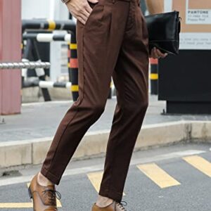 SweatyRocks Men's High Waist Fold Pleated Crop Suit Pants Work Office Business Long Trousers with Pockets Coffee Brown M