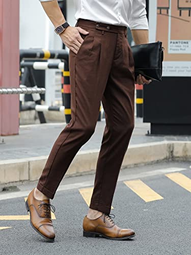 SweatyRocks Men's High Waist Fold Pleated Crop Suit Pants Work Office Business Long Trousers with Pockets Coffee Brown M