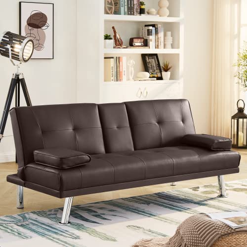 AWQM Faux Leather Futon Sofa Bed Upholstered Modern Convertible Sofa Bed Small Couch Bed Adjustable Couch Sleeper for Compact Living Space, Removable Armrests, Metal Legs, 2 Cupholders, Light Brown