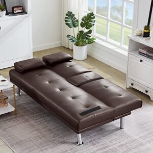 AWQM Faux Leather Futon Sofa Bed Upholstered Modern Convertible Sofa Bed Small Couch Bed Adjustable Couch Sleeper for Compact Living Space, Removable Armrests, Metal Legs, 2 Cupholders, Light Brown