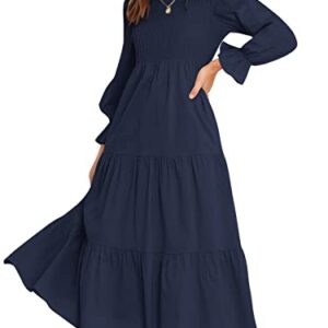 LOGENE Womens Round Neckline Shirred Bodice Maxi Dress Tiered Panel Skirt-6L55-zanglang-M Navy Blue