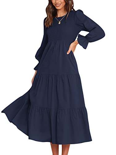 LOGENE Womens Round Neckline Shirred Bodice Maxi Dress Tiered Panel Skirt-6L55-zanglang-M Navy Blue