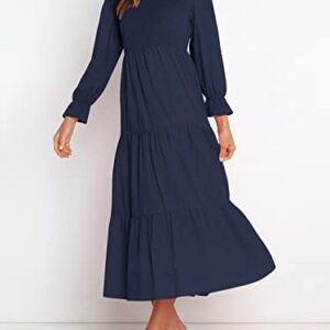 LOGENE Womens Round Neckline Shirred Bodice Maxi Dress Tiered Panel Skirt-6L55-zanglang-M Navy Blue