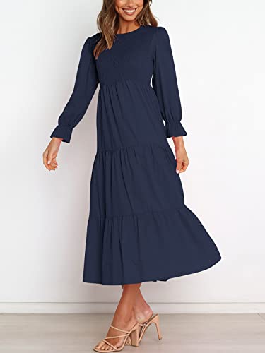 LOGENE Womens Round Neckline Shirred Bodice Maxi Dress Tiered Panel Skirt-6L55-zanglang-M Navy Blue