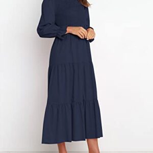 LOGENE Womens Round Neckline Shirred Bodice Maxi Dress Tiered Panel Skirt-6L55-zanglang-M Navy Blue