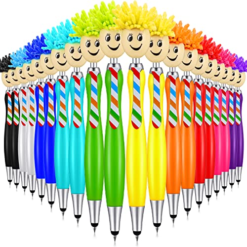 Maitys Mop Head Pens Screen Cleaner Ballpoint 3 in 1 Stylus Pens Duster Creative Fun Topper Pens Mop Head Marker Gel Ink Rollerball Pen for Kids and Adults, 10 Colors (20 Pieces)