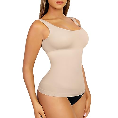 FeelinGirl Shapewear Tops for Women Tummy Control Compression Tank with Bra Smoothers and Shapers Top Beige M/L