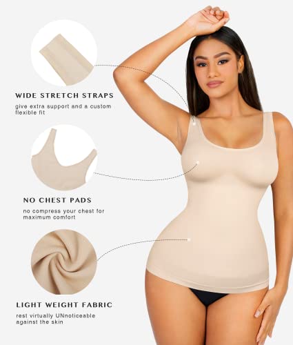 FeelinGirl Shapewear Tops for Women Tummy Control Compression Tank with Bra Smoothers and Shapers Top Beige M/L