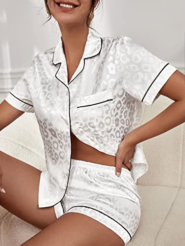 Romwe Women's 2 Piece Satin Pajama Set Short Sleeve Button Down Shirt and Shorts Sleepwear Leopard White XL