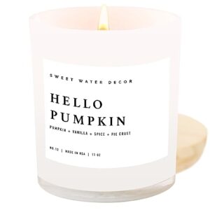 sweet water decor hello pumpkin soy candle | pumpkin | warm spices | vanilla | whipped cream | buttery pie crust scented candle for home | 11oz white jar candle, 50+ hour burn time, made in the usa