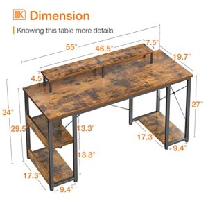 ODK 55 inch Computer Desk with Monitor Shelf and Storage Shelves, Writing Desk, Study Table with CPU Stand & Reversible Shelves, Vintage