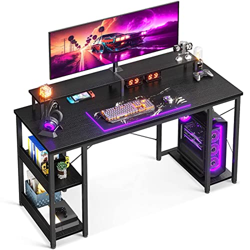 ODK 55 inch Computer Desk with Monitor Shelf and Storage Shelves, Gaming Desk, Study Table with CPU Stand & Reversible Shelves, Black