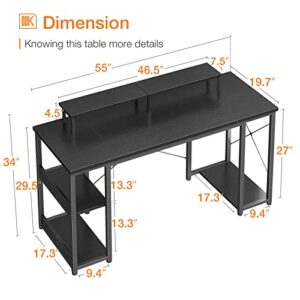 ODK 55 inch Computer Desk with Monitor Shelf and Storage Shelves, Gaming Desk, Study Table with CPU Stand & Reversible Shelves, Black