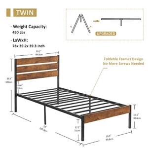 VECELO Platform Twin Bed Frame with Rustic Vintage Wood Headboard and Footboard, Mattress Foundation, Strong Metal Slats Support, No Box Spring Needed