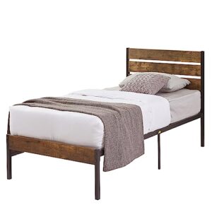 VECELO Platform Twin Bed Frame with Rustic Vintage Wood Headboard and Footboard, Mattress Foundation, Strong Metal Slats Support, No Box Spring Needed