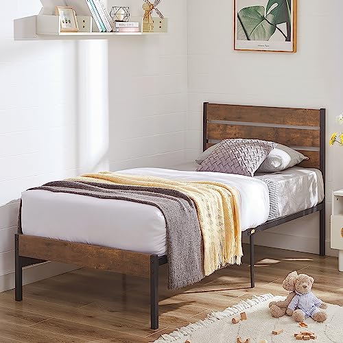 VECELO Platform Twin Bed Frame with Rustic Vintage Wood Headboard and Footboard, Mattress Foundation, Strong Metal Slats Support, No Box Spring Needed