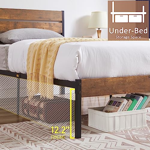 VECELO Platform Twin Bed Frame with Rustic Vintage Wood Headboard and Footboard, Mattress Foundation, Strong Metal Slats Support, No Box Spring Needed