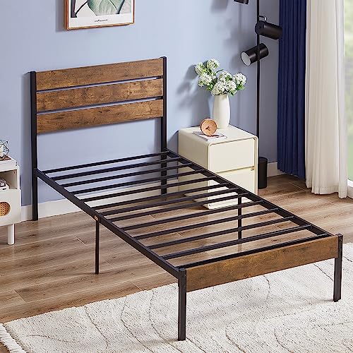 VECELO Platform Twin Bed Frame with Rustic Vintage Wood Headboard and Footboard, Mattress Foundation, Strong Metal Slats Support, No Box Spring Needed